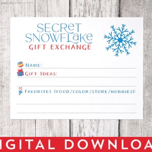 Secret Snowflake Gift Exchange Printable PDF, Christmas Gift List for ...