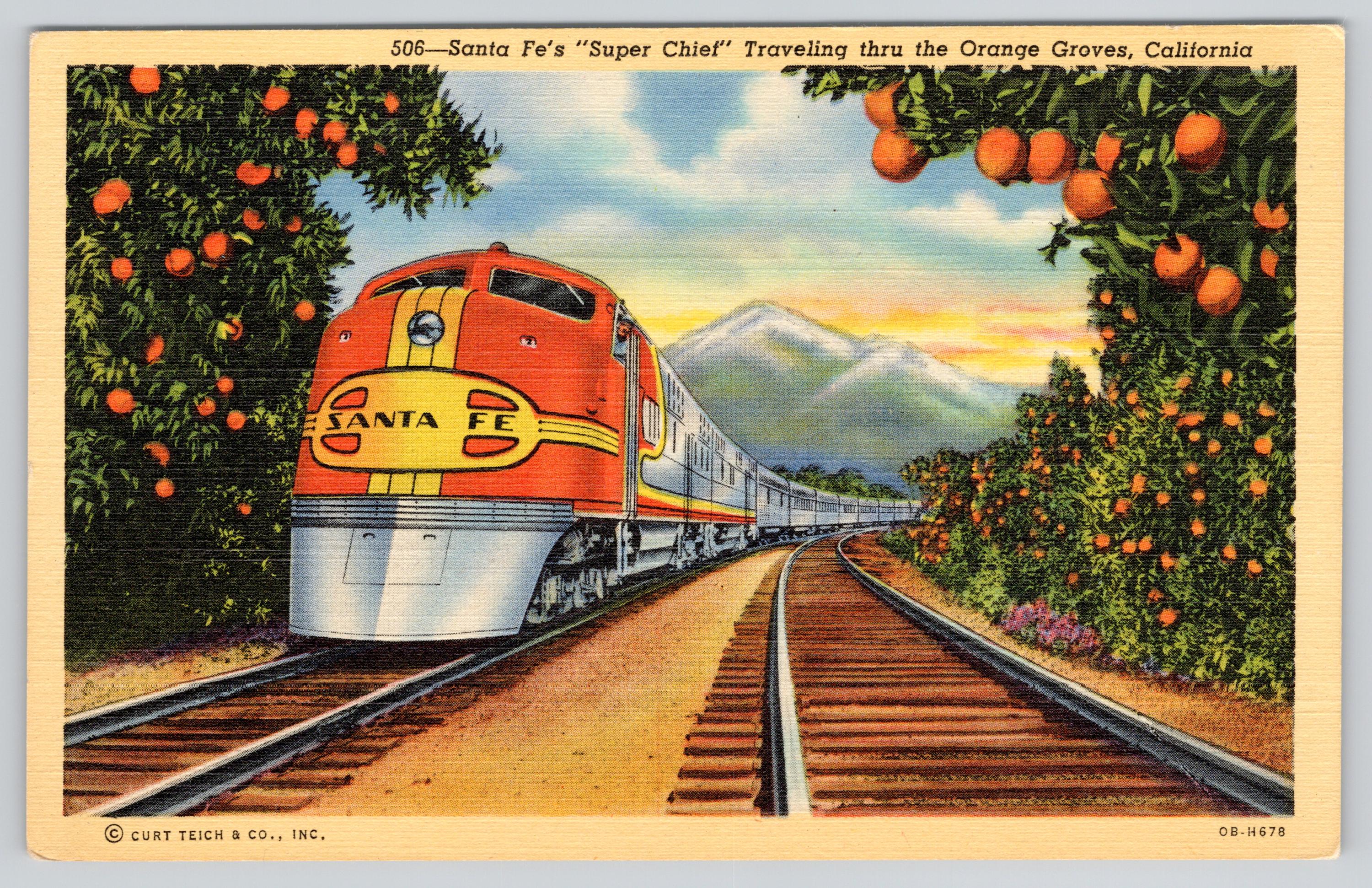 Train Postcard Santa Fe Streamliner Engine Entering Southern California ...