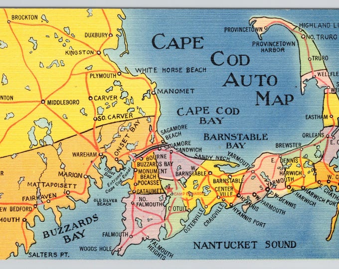 Cape Cod Map Linen Postcard Vintage Cape Cod Auto Map Massachusetts Old ...
