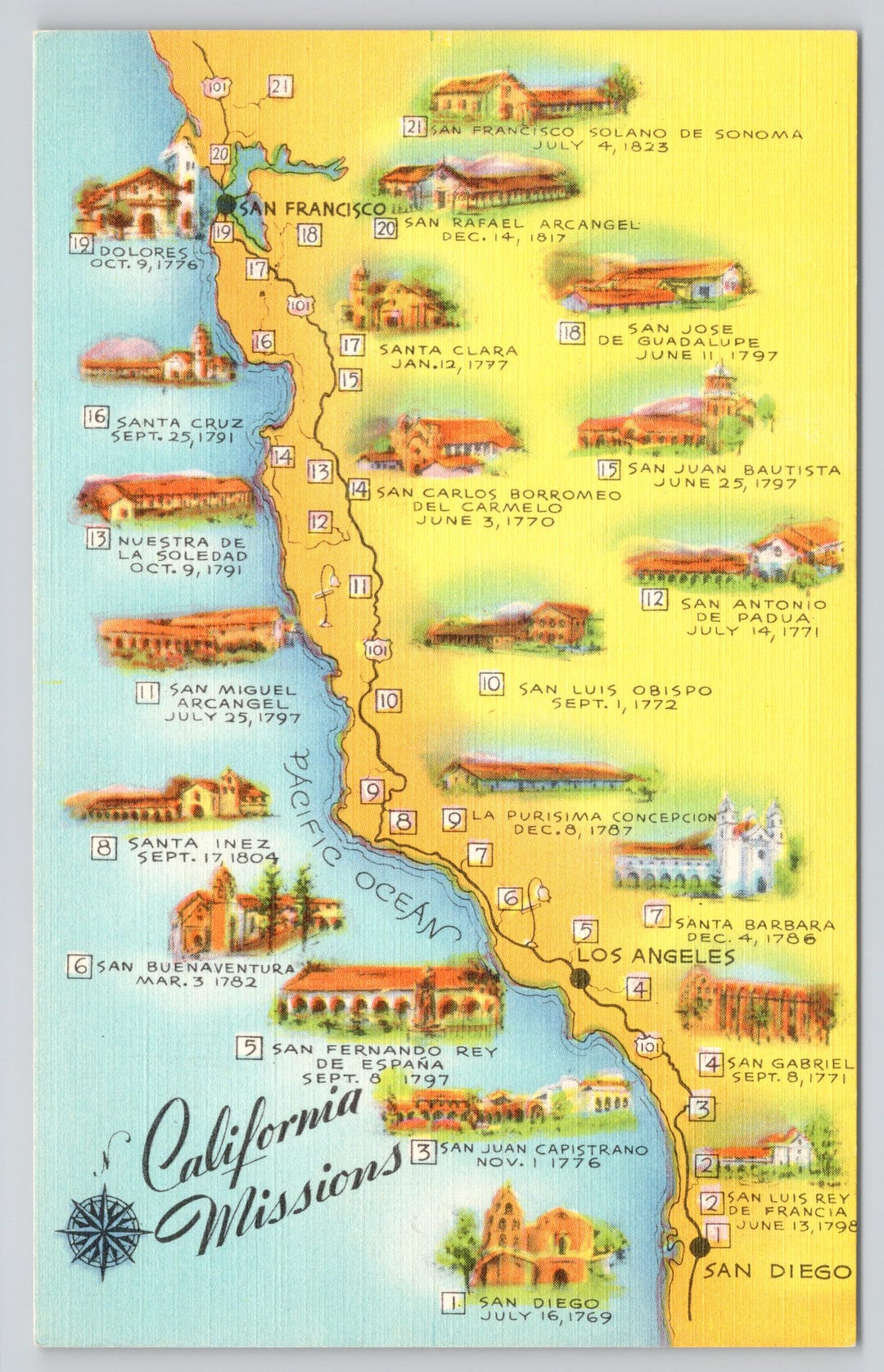 California Missions Map Linen Postcard Showing Mission and Chapels ...