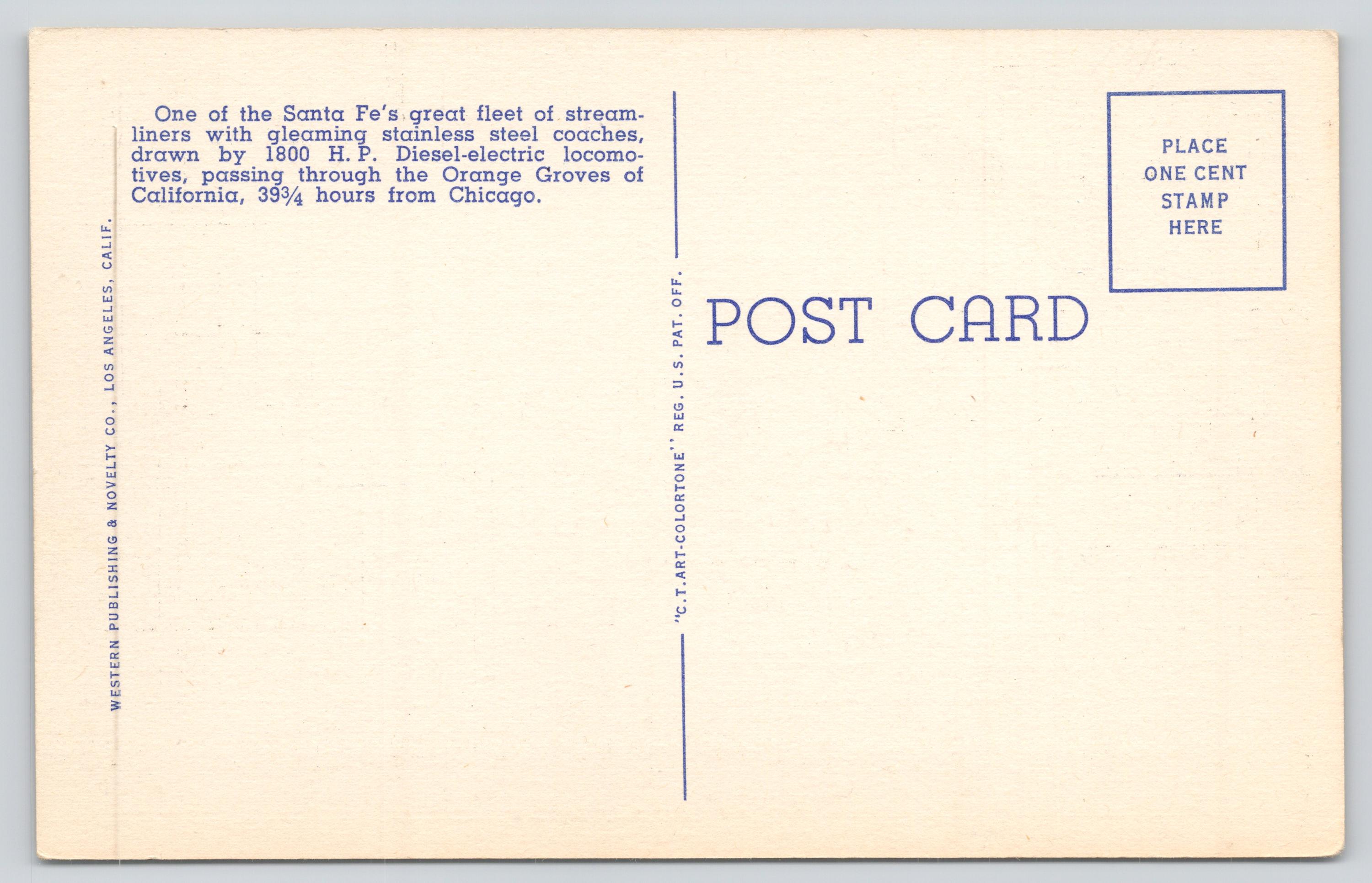 Train Postcard Santa Fe Streamliner Engine Entering Southern California ...