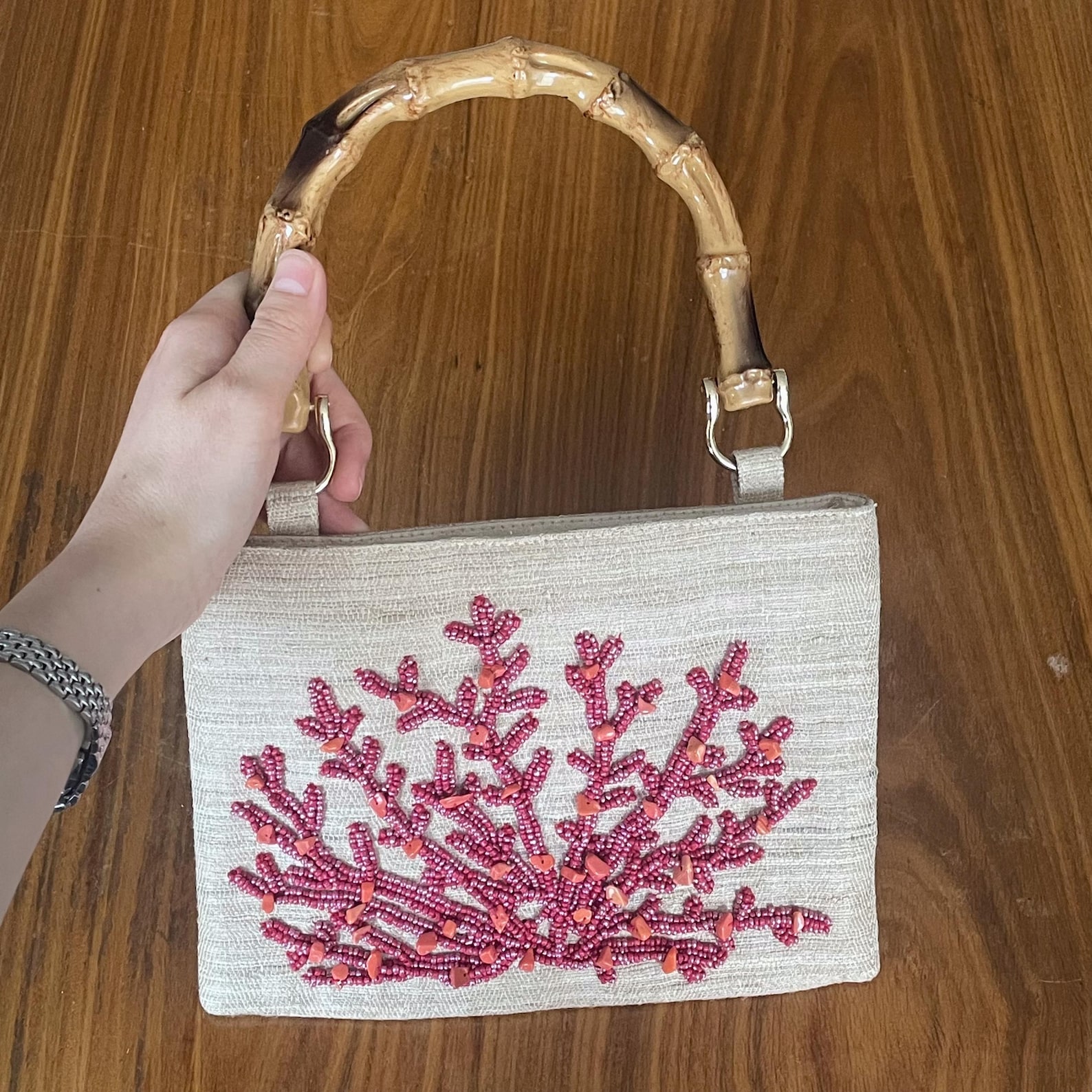 Coral Beaded Purse – Tan and Red - Etsy