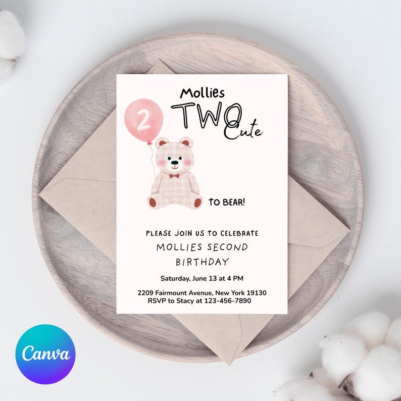 Two Cute Birthday Invitation, Teddy Bear 2nd Birthday Invitation Girl ...