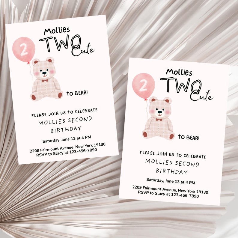 Two Cute Birthday Invitation, Teddy Bear 2nd Birthday Invitation Girl ...