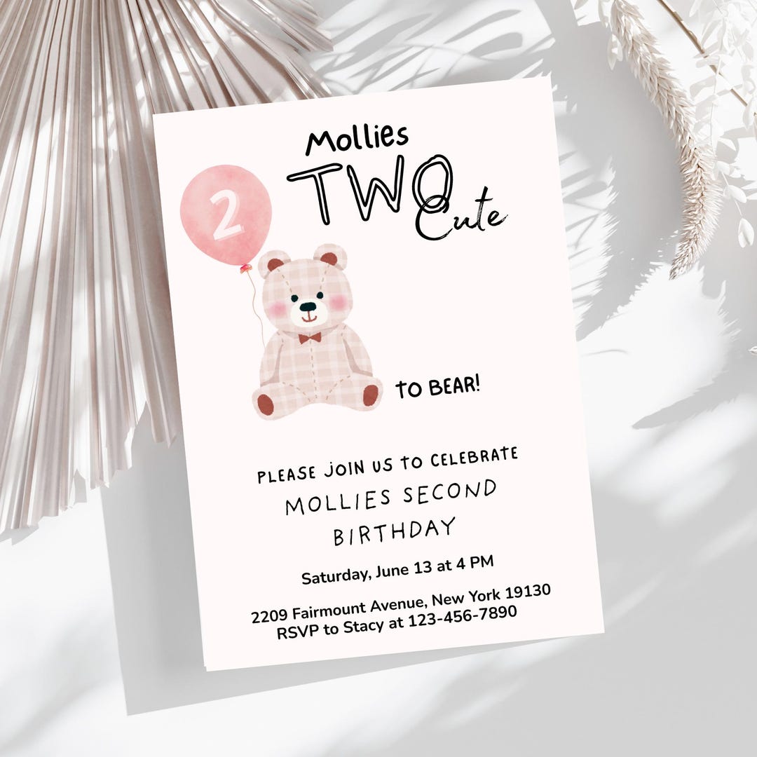 Two Cute Birthday Invitation, Teddy Bear 2nd Birthday Invitation Girl ...