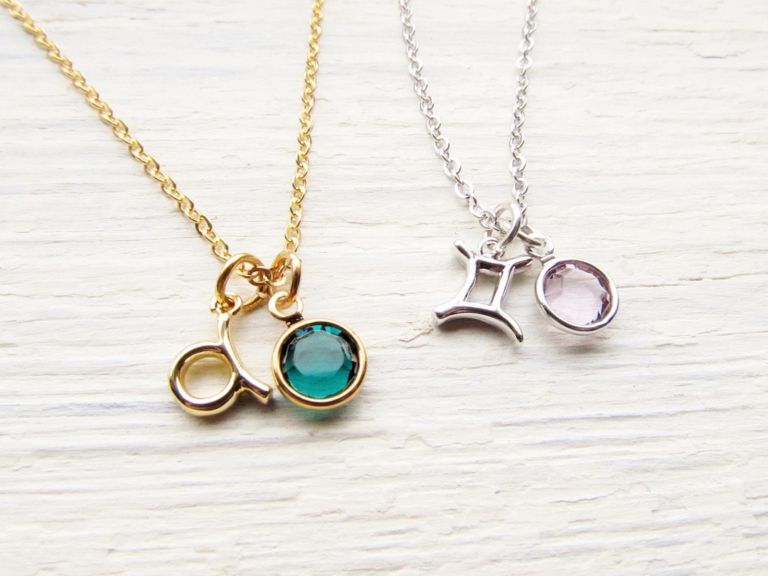 Zodiac Birthstone Necklace in Gold or Silver, Personalized Zodiac Charm ...
