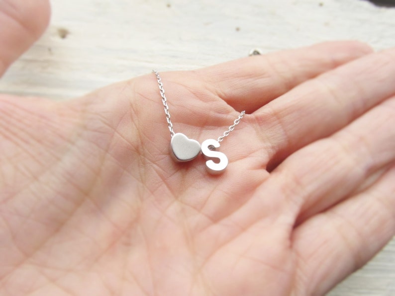 Silver Initial Necklace With Heart Charm, Personalized Letter Necklaces ...