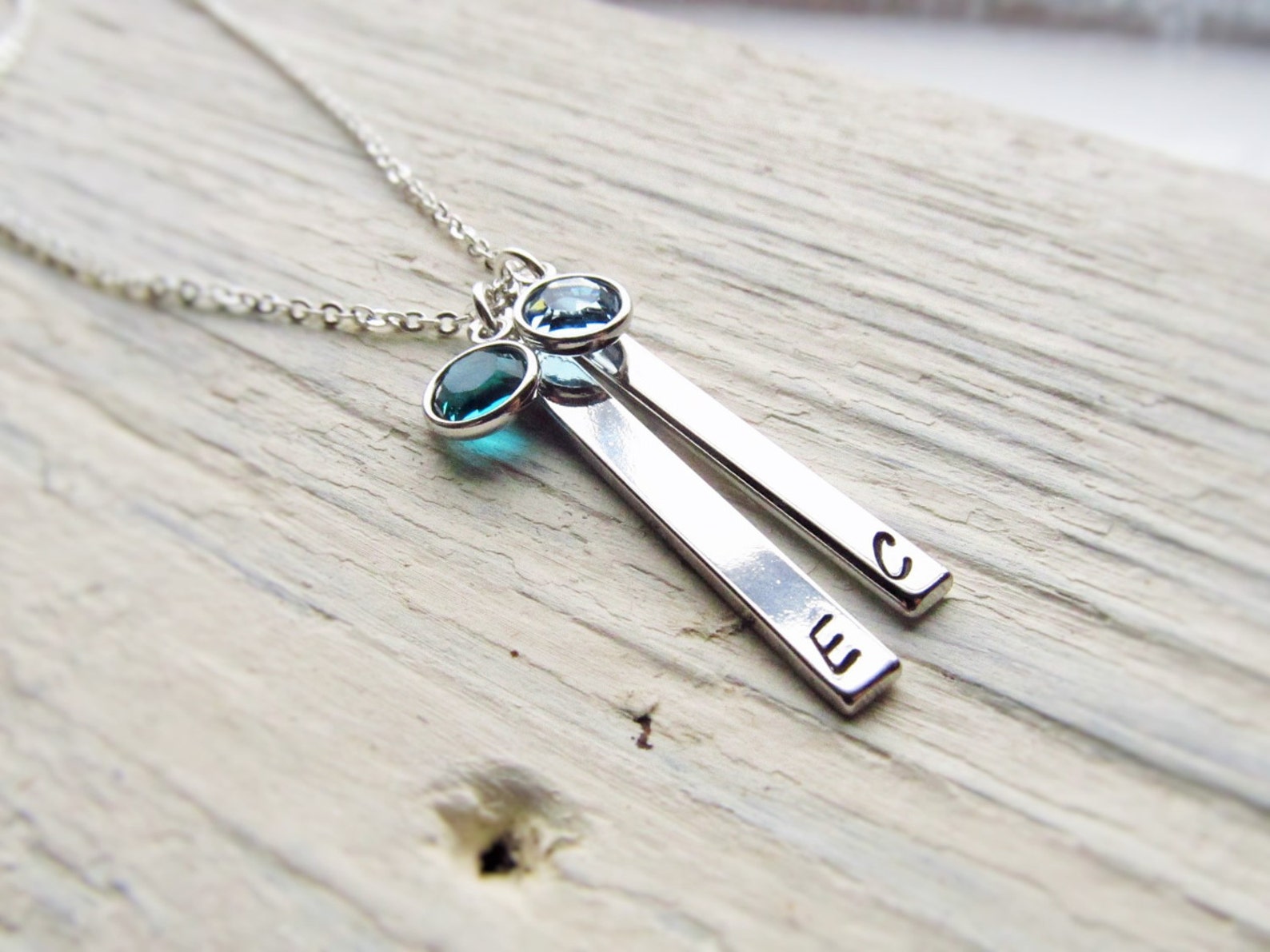 Two Birthstone Necklace Silver Bar Initial Birthstone Family - Etsy