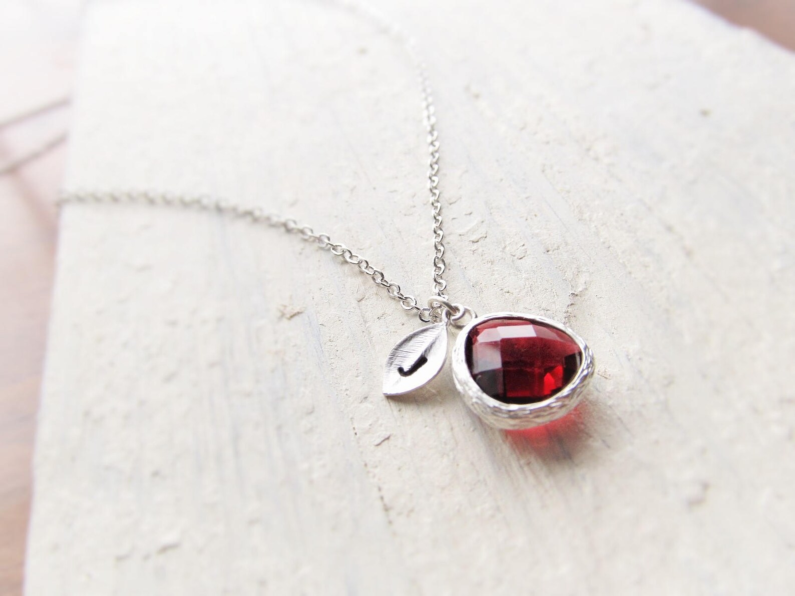 Silver Garnet Necklace January Birthstone Initial Charm - Etsy