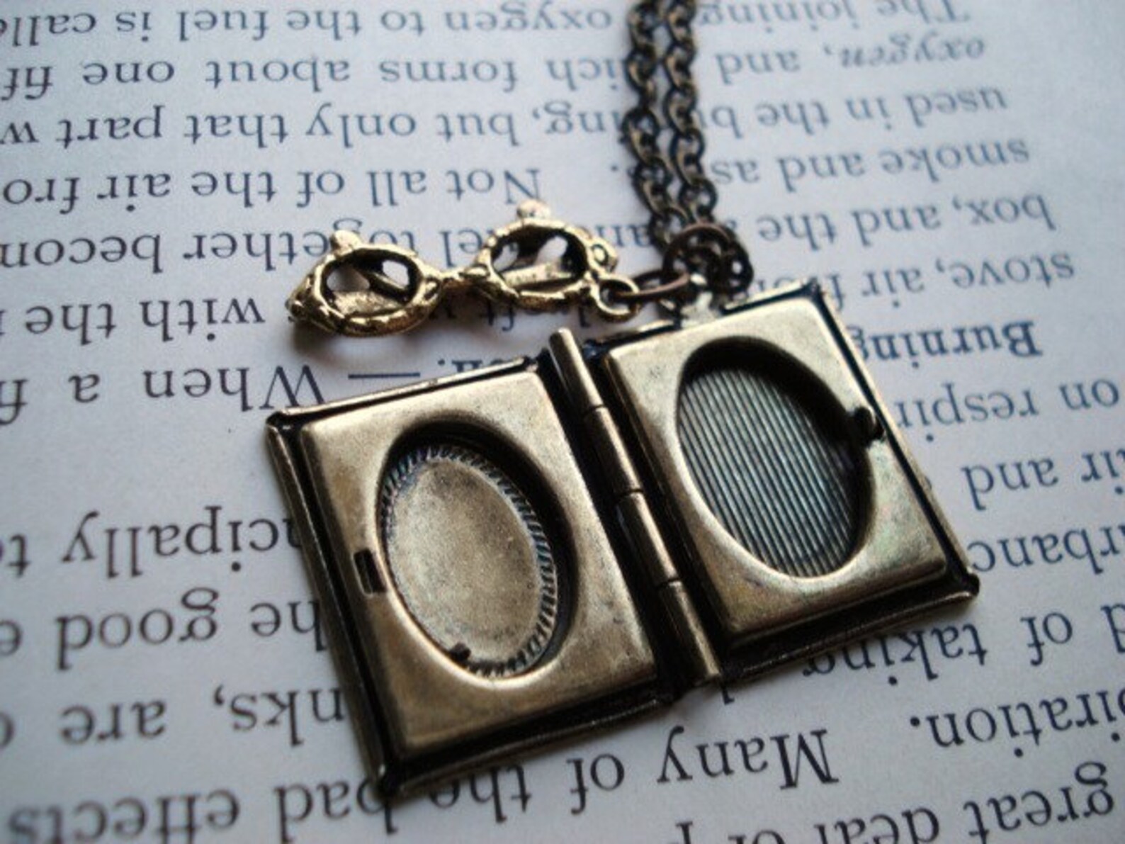 Book Locket, Locket Necklace in Antiqued Brass With Glasses Charm ...