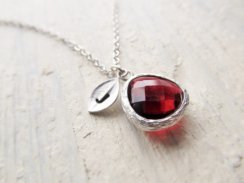 Silver Garnet Necklace January Birthstone Initial Charm - Etsy