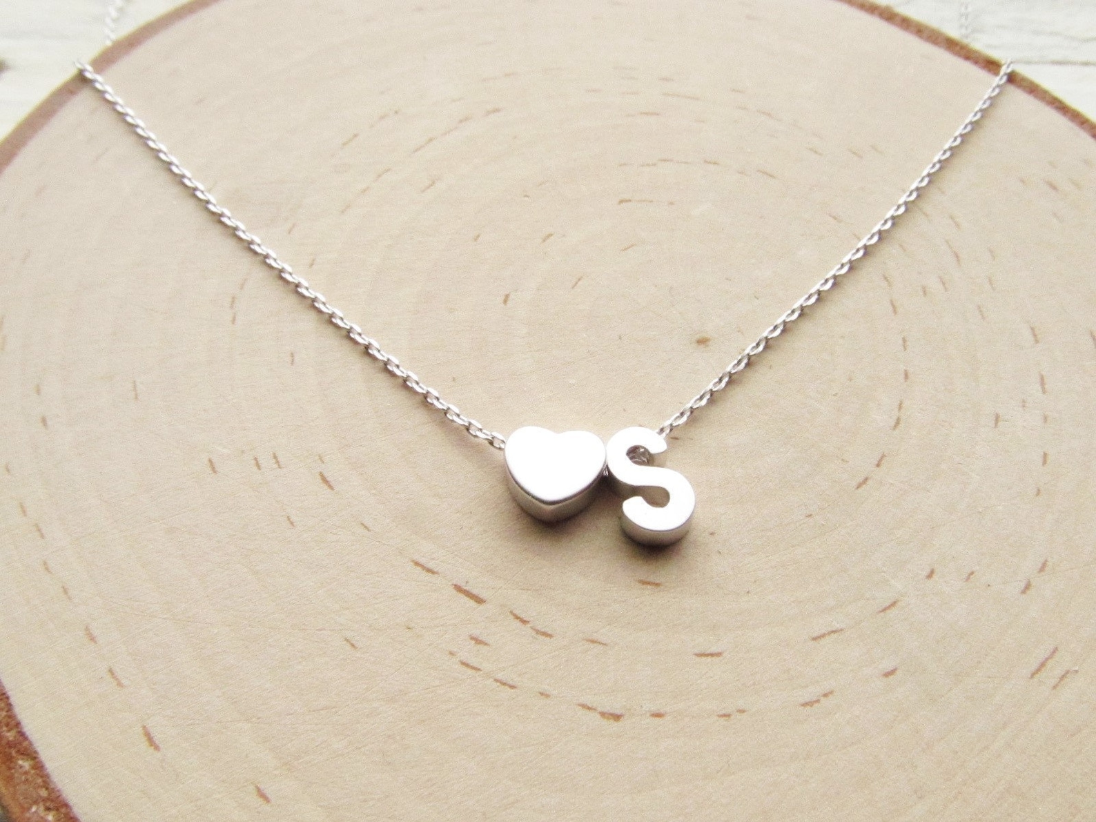 Silver Initial Necklace With Heart Charm, Personalized Letter Necklaces ...