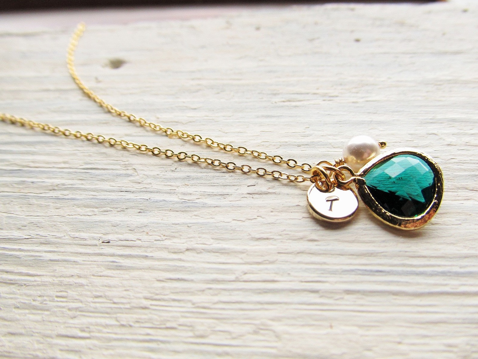Emerald Charm Necklace, Gold Birthstone Necklace With Initial Disc and ...