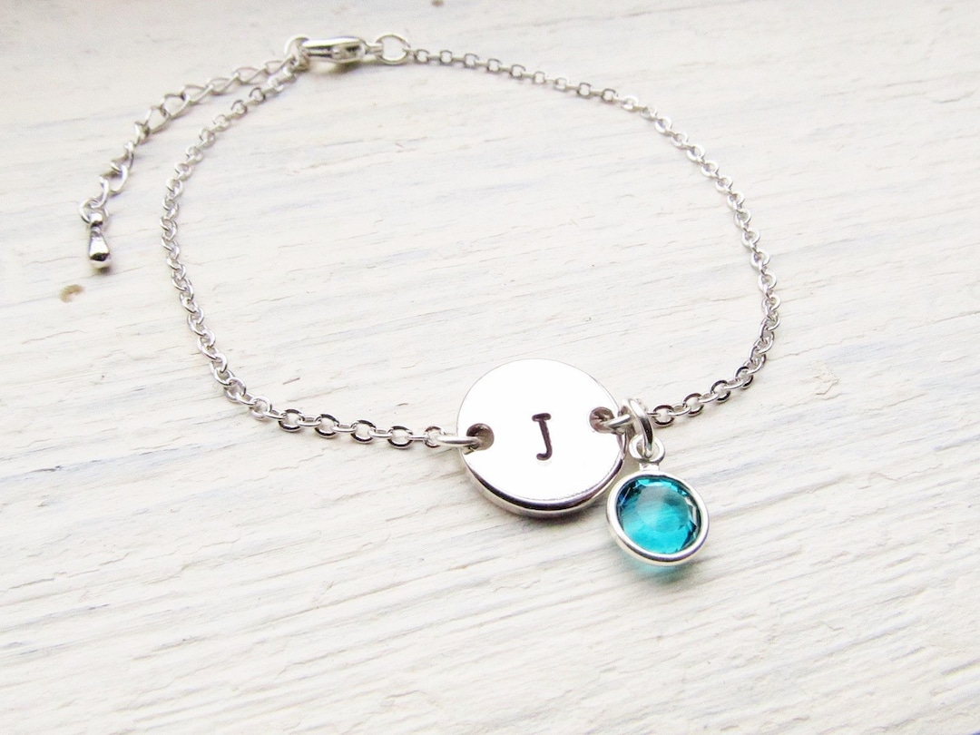 Silver Initial Birthstone Bracelet, Personalized Letter Coin and Birth ...