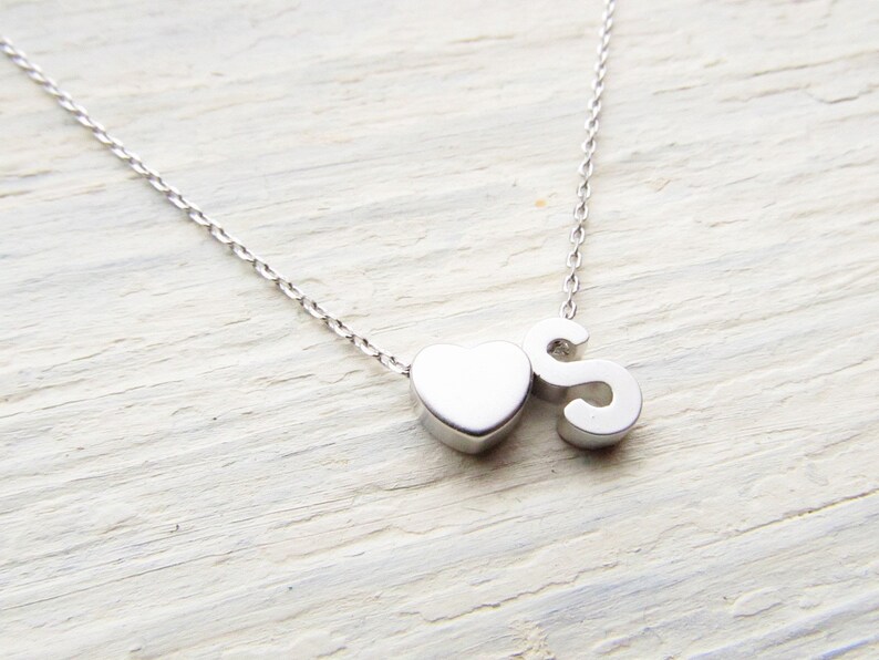 Silver Initial Necklace With Heart Charm, Personalized Letter Necklaces ...