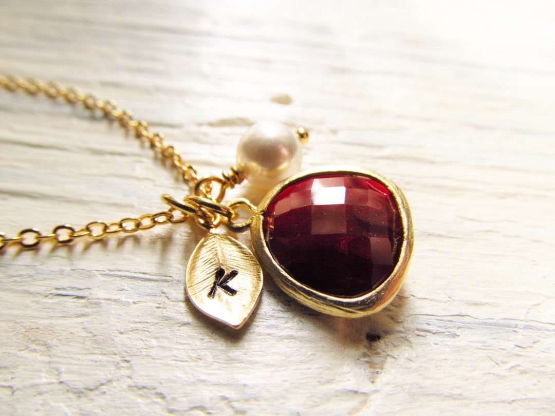 Garnet Necklace, Gold January Birthstone, Leaf Initial, Jewel, Pearl ...