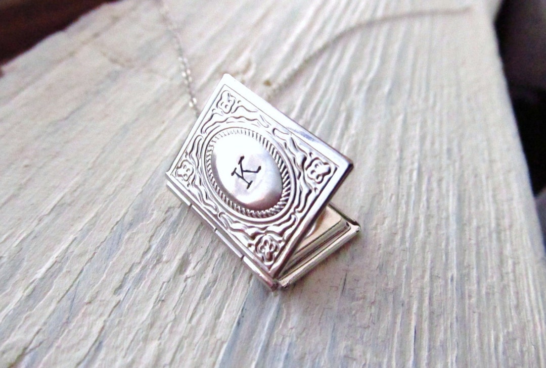 Personalized Locket Necklace, Silver Book Locket With Initial ...