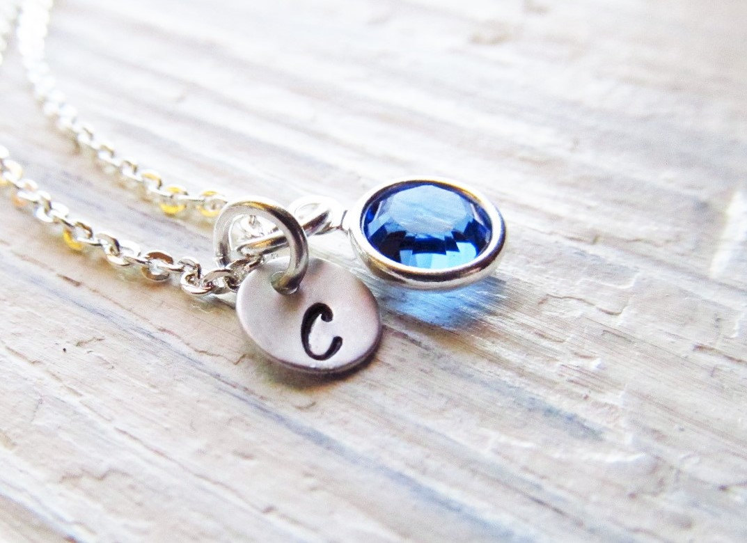 Initial Birthstone Necklace, Silver Personalized Necklace, Tiny Initial ...