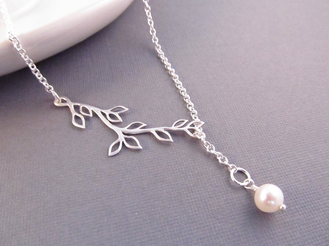 Branch and Pearl Necklace, Silver Lariat, Pearl Bridesmaid Necklace ...