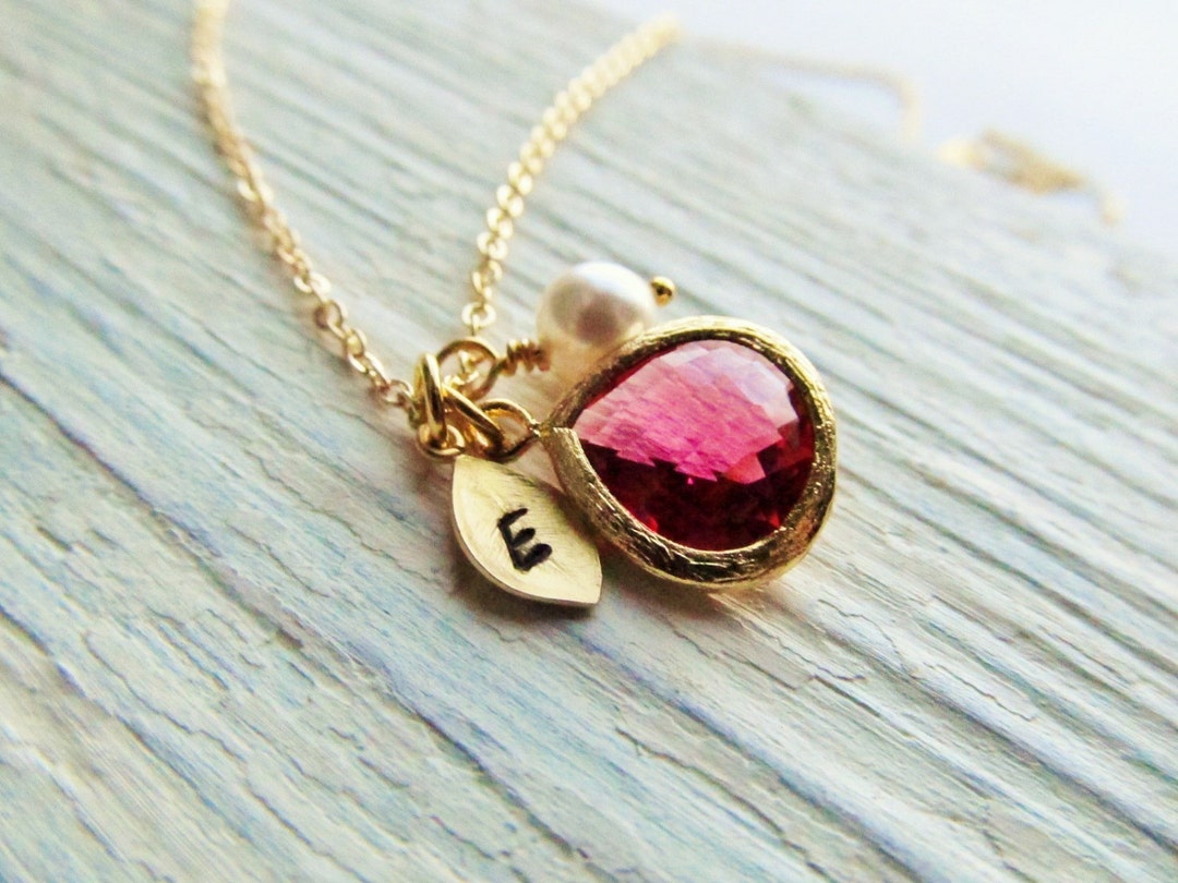 Ruby Necklace Gold, July Birthstone Necklace, Leaf Initial Necklace ...