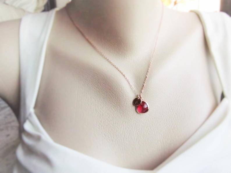 July Birthstone Gifts, Rose Gold Ruby Necklace With Disc Initial Charm ...