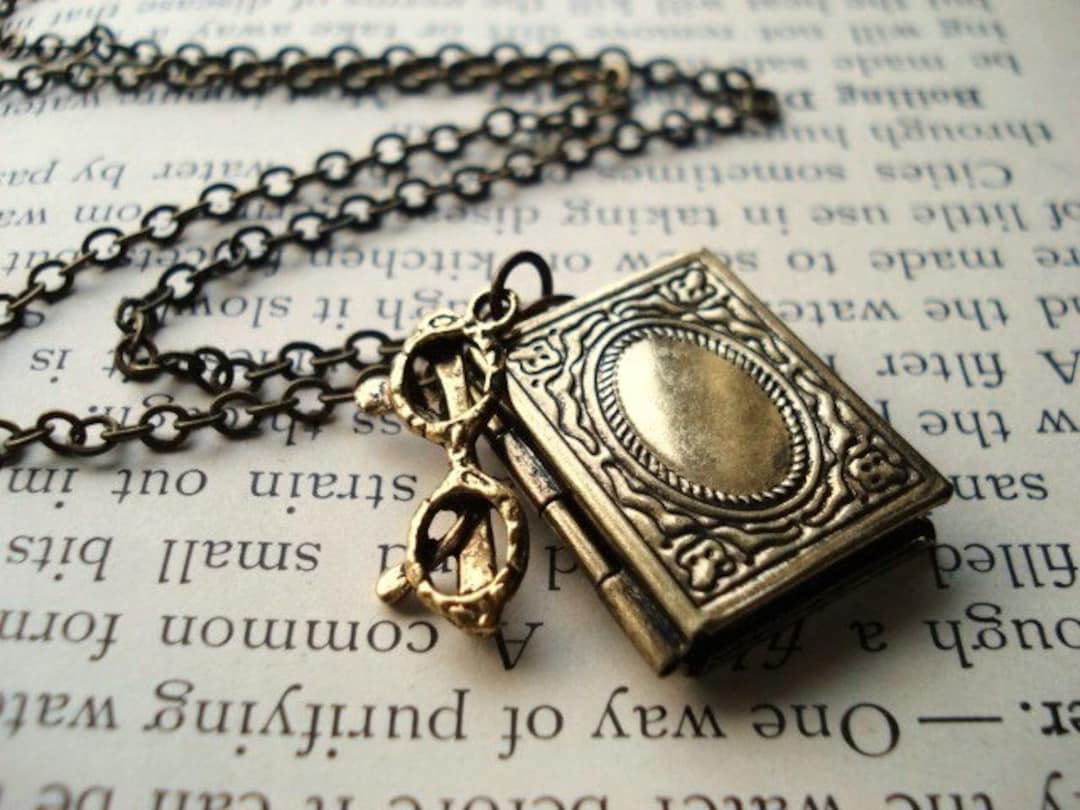 Book Locket, Locket Necklace in Antiqued Brass With Glasses Charm ...
