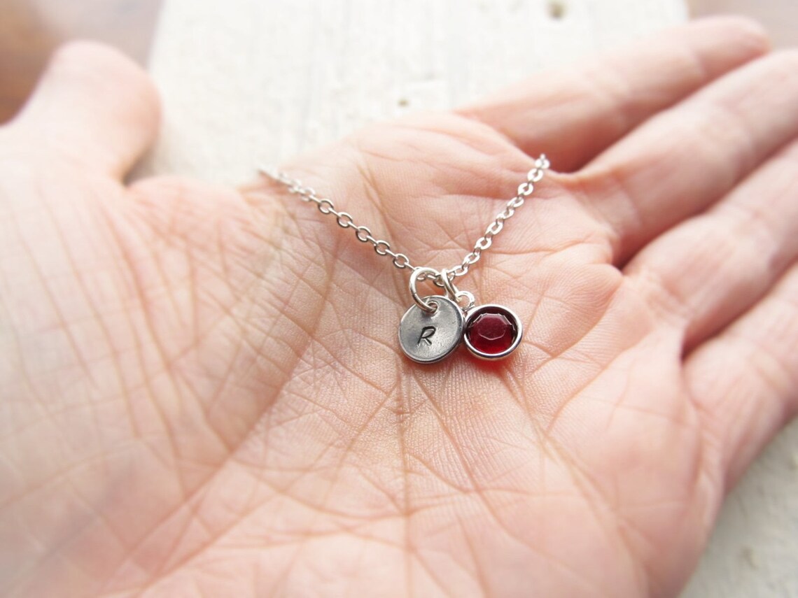 January Birthstone Necklace With Initial Red Garnet Charm and - Etsy