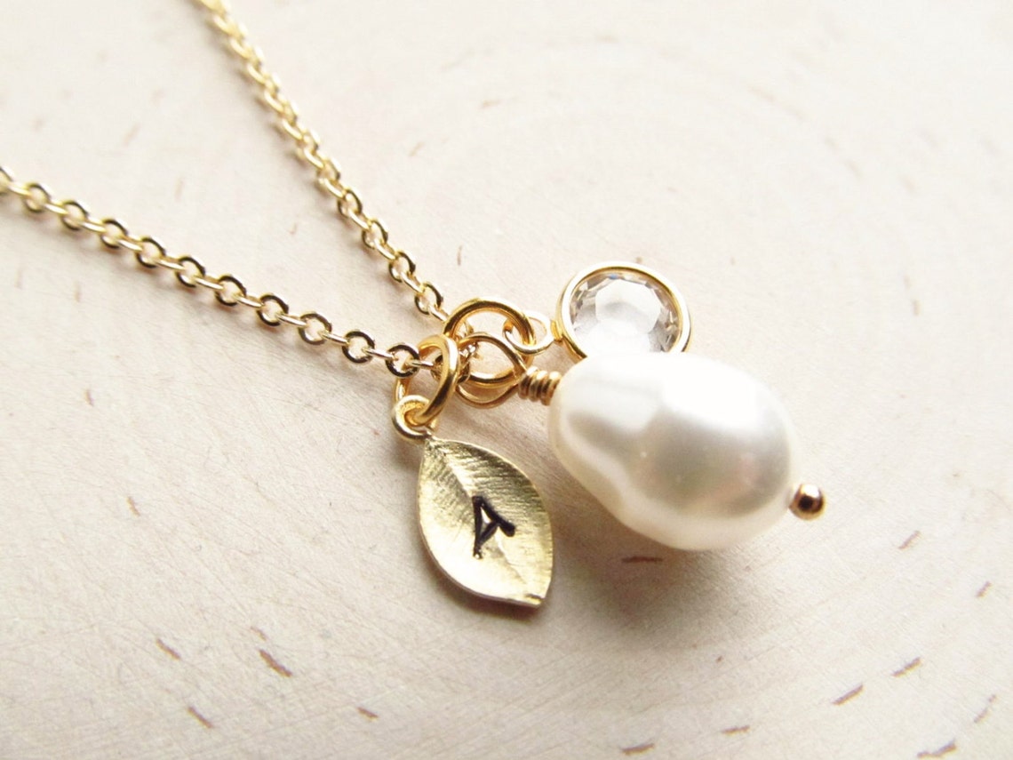 Gold Teardrop Pearl Necklace With Initial and Crystal - Etsy