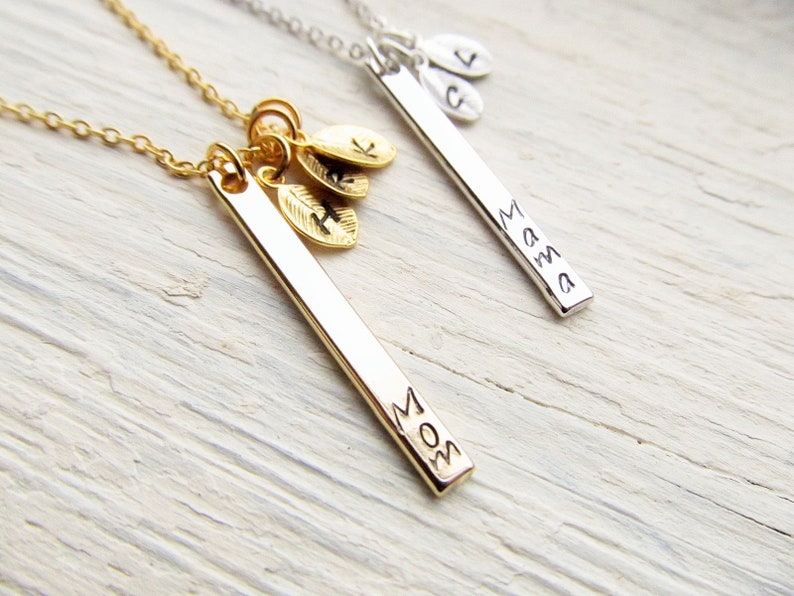 Family Necklace, Bar Personalized With Leaf Initials in Silver, Mama ...