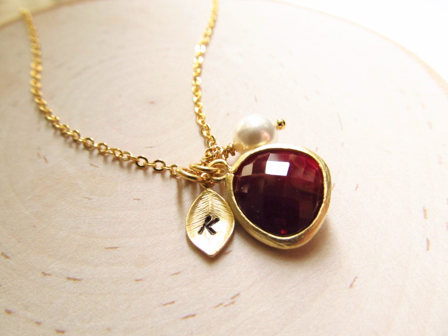 Garnet Necklace Gold January Birthstone Leaf Initial Jewel - Etsy