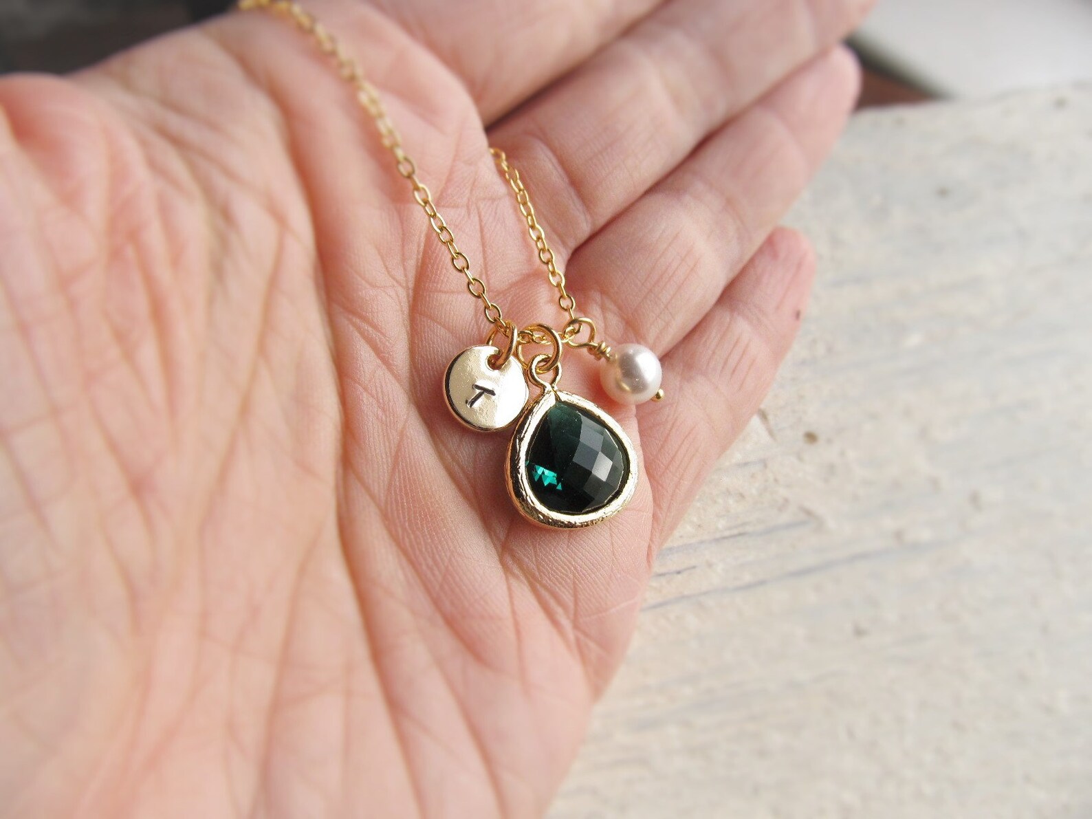 Emerald Charm Necklace, Gold Birthstone Necklace With Initial Disc and ...
