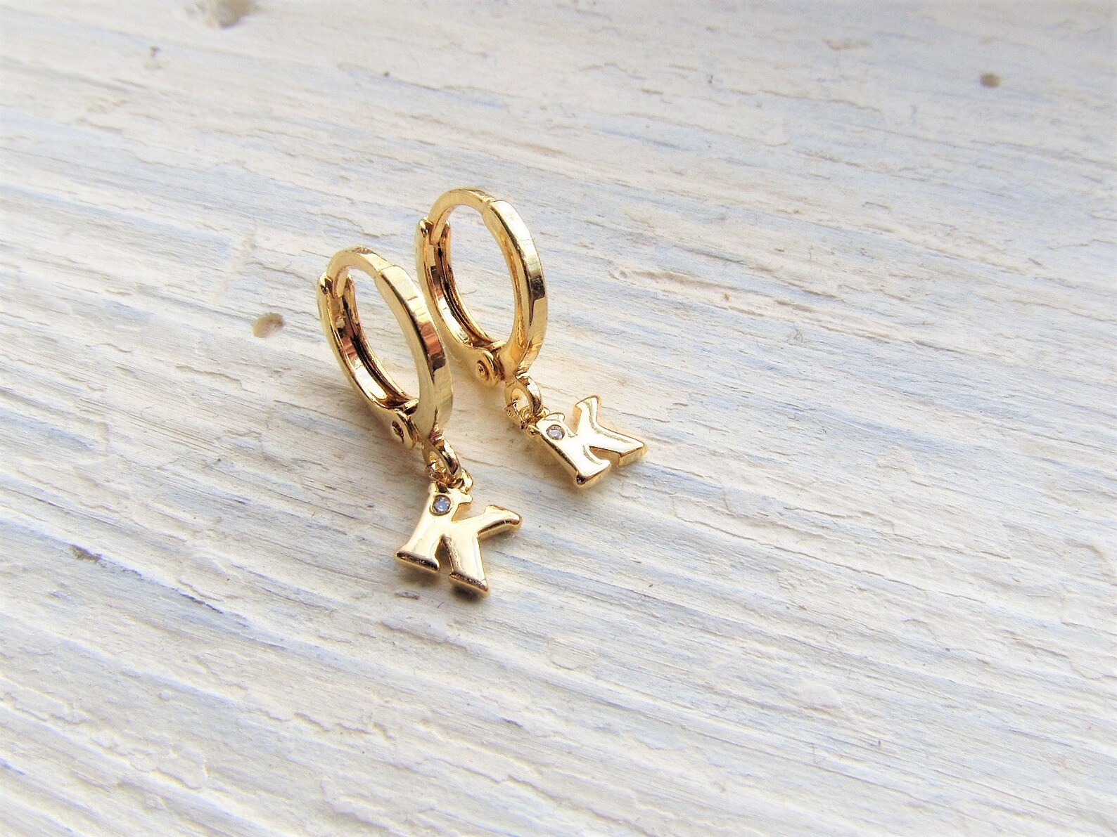 Initial Hoop Earrings, Gold Alphabet Charm on Leverback Hoops, Tiny ...