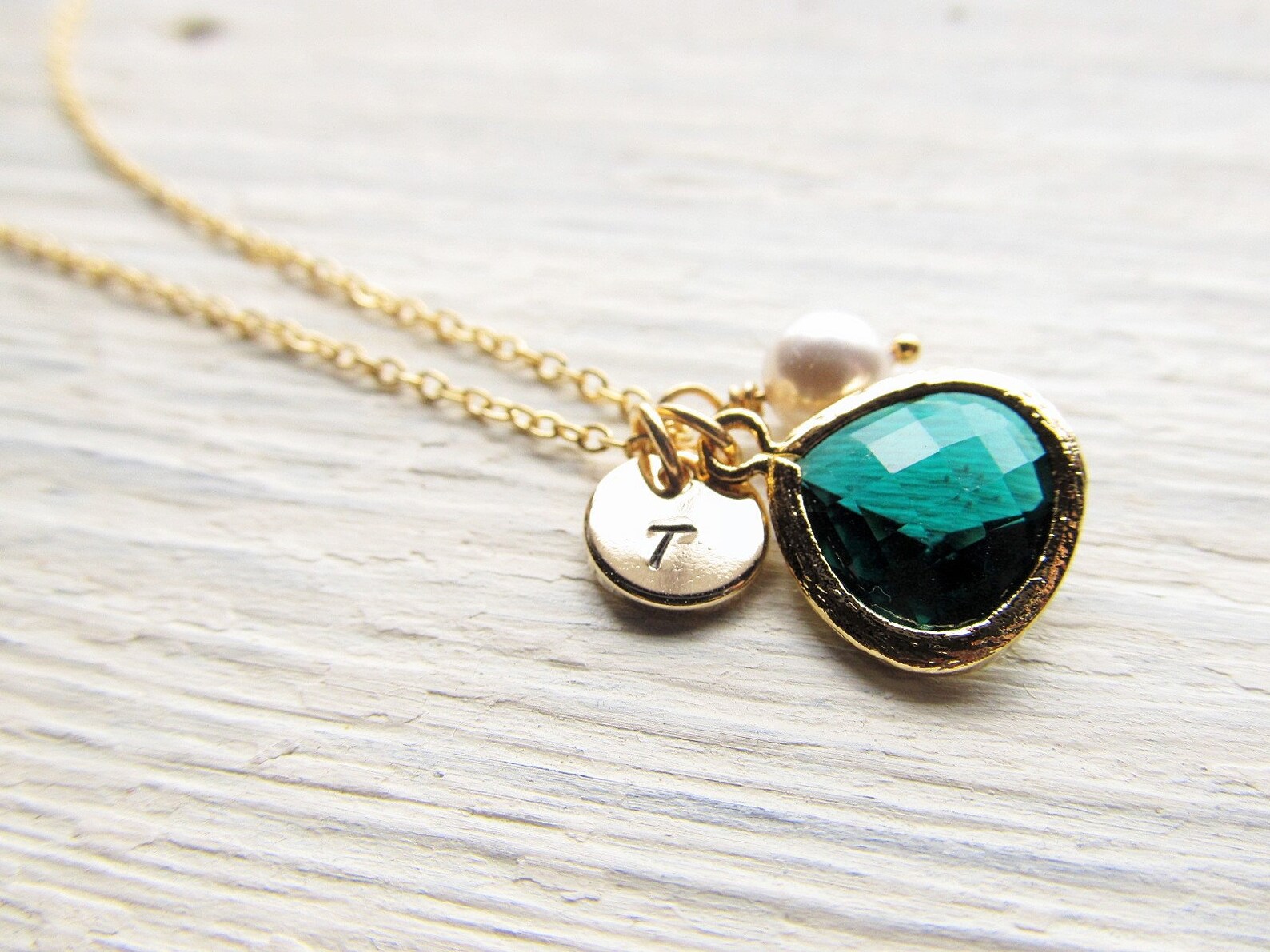 Emerald Charm Necklace, Gold Birthstone Necklace With Initial Disc and ...