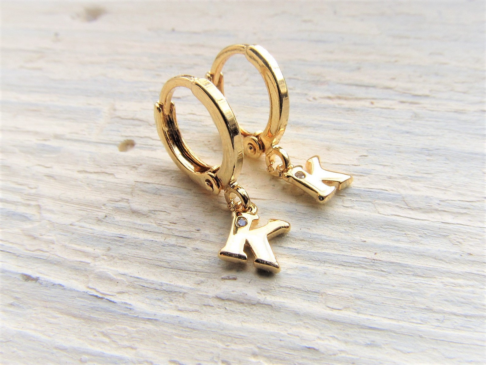 Initial Hoop Earrings, Gold Alphabet Charm on Leverback Hoops, Tiny ...