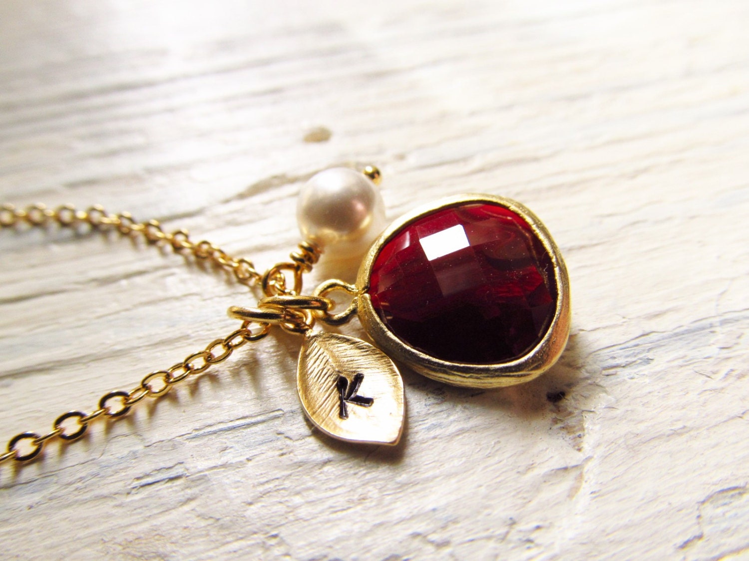 Garnet Necklace, Gold January Birthstone, Leaf Initial, Jewel, Pearl ...