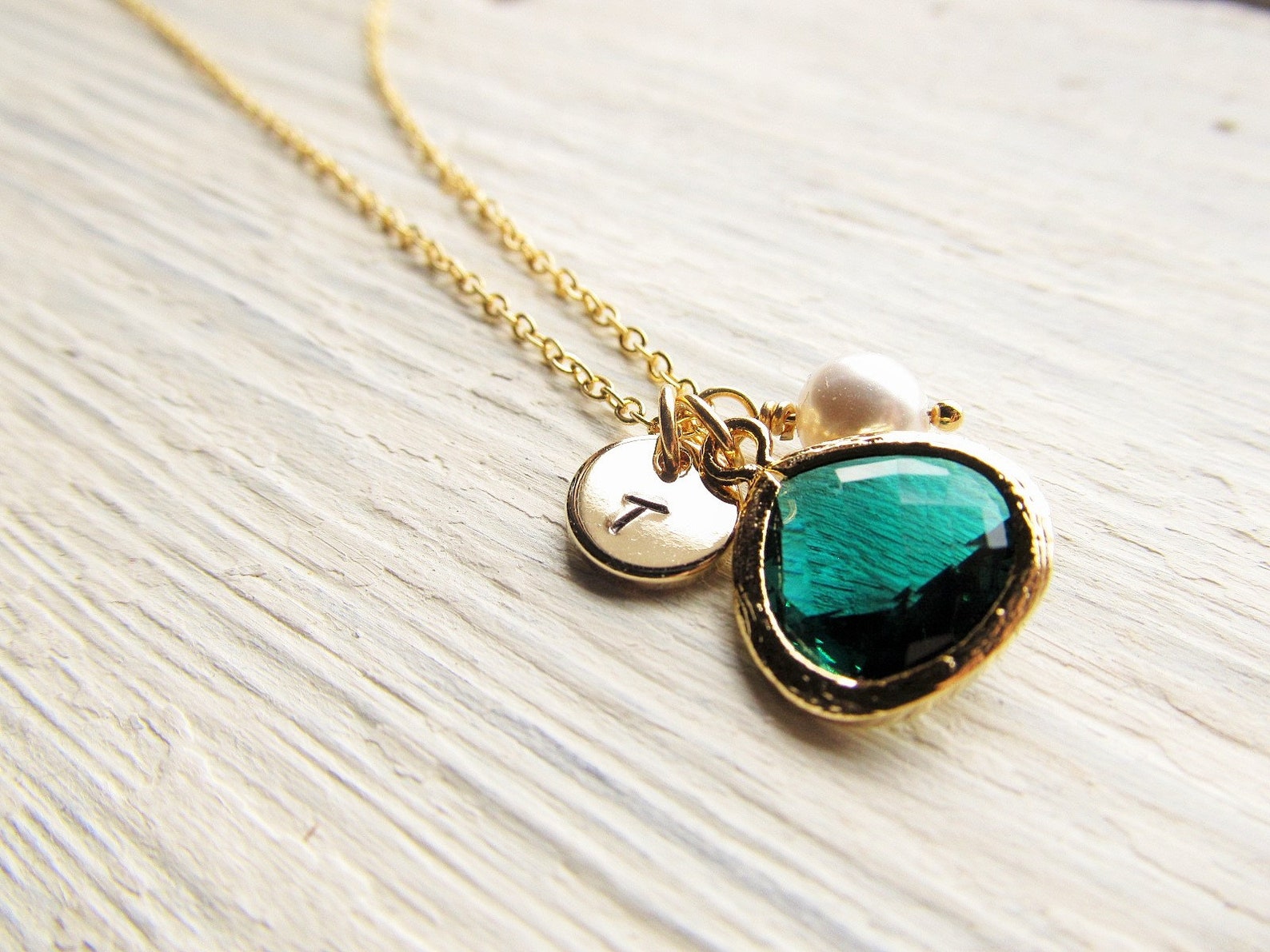 Emerald Charm Necklace, Gold Birthstone Necklace With Initial Disc and ...
