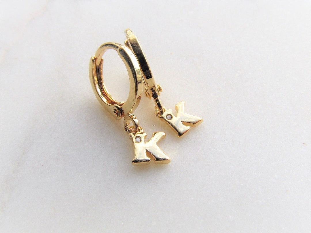 Initial Hoop Earrings, Gold Alphabet Charm on Leverback Hoops, Tiny ...