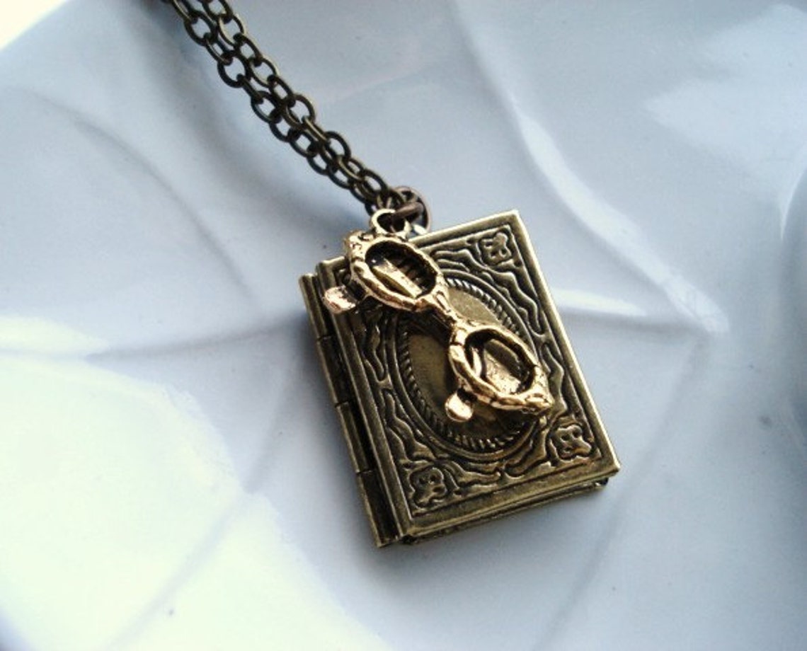 Book Locket Locket Necklace in Antiqued Brass With Glasses - Etsy