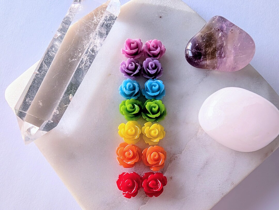 Rose Earrings Set of Seven Pairs, Rainbow Inspired Resin Flowers on ...