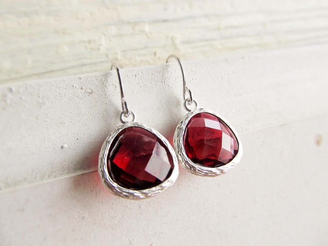 Garnet Earrings Silver, Dangle Earrings With January Birthstones, Dark ...