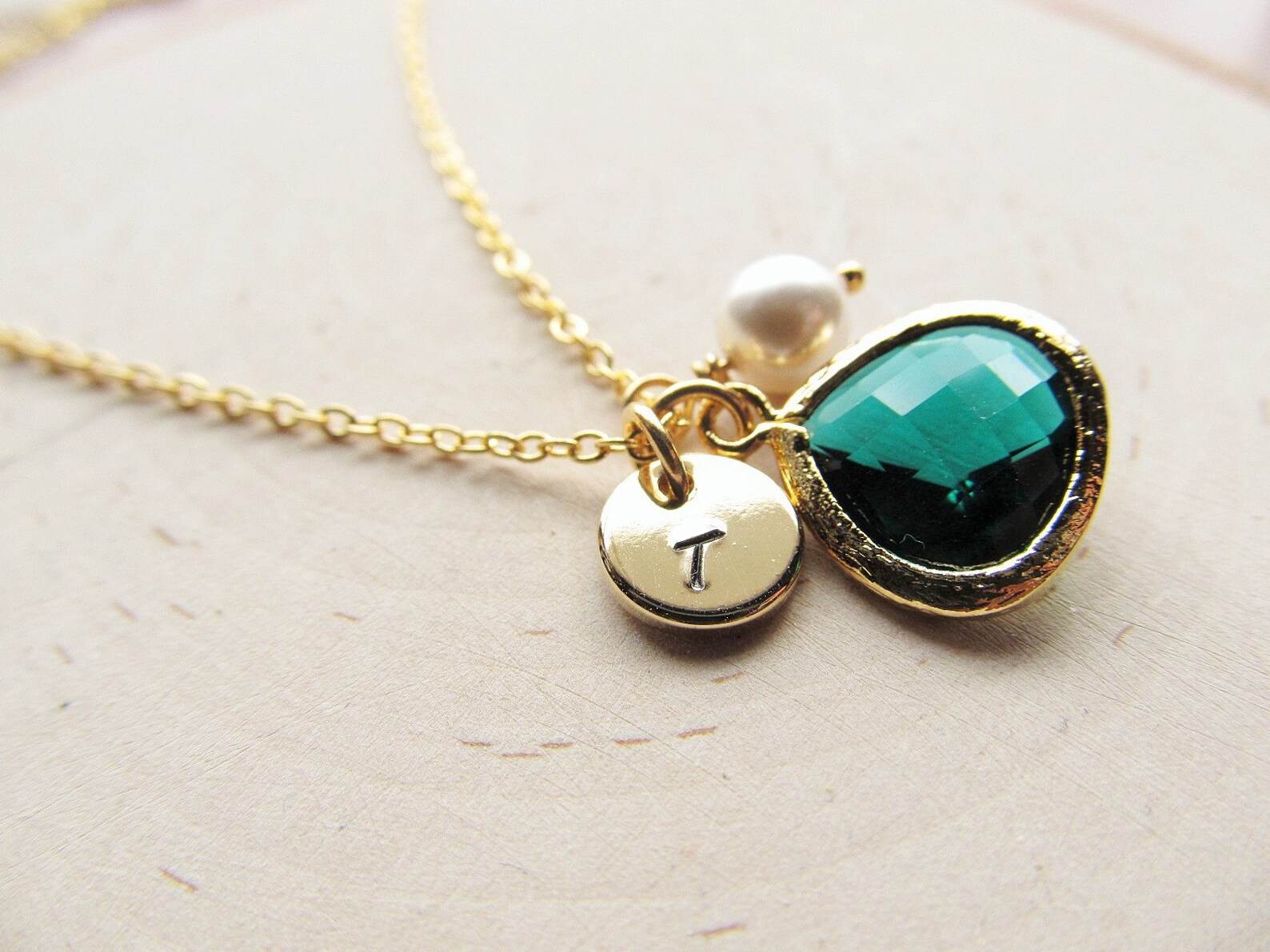 Emerald Charm Necklace, Gold Birthstone Necklace With Initial Disc and ...