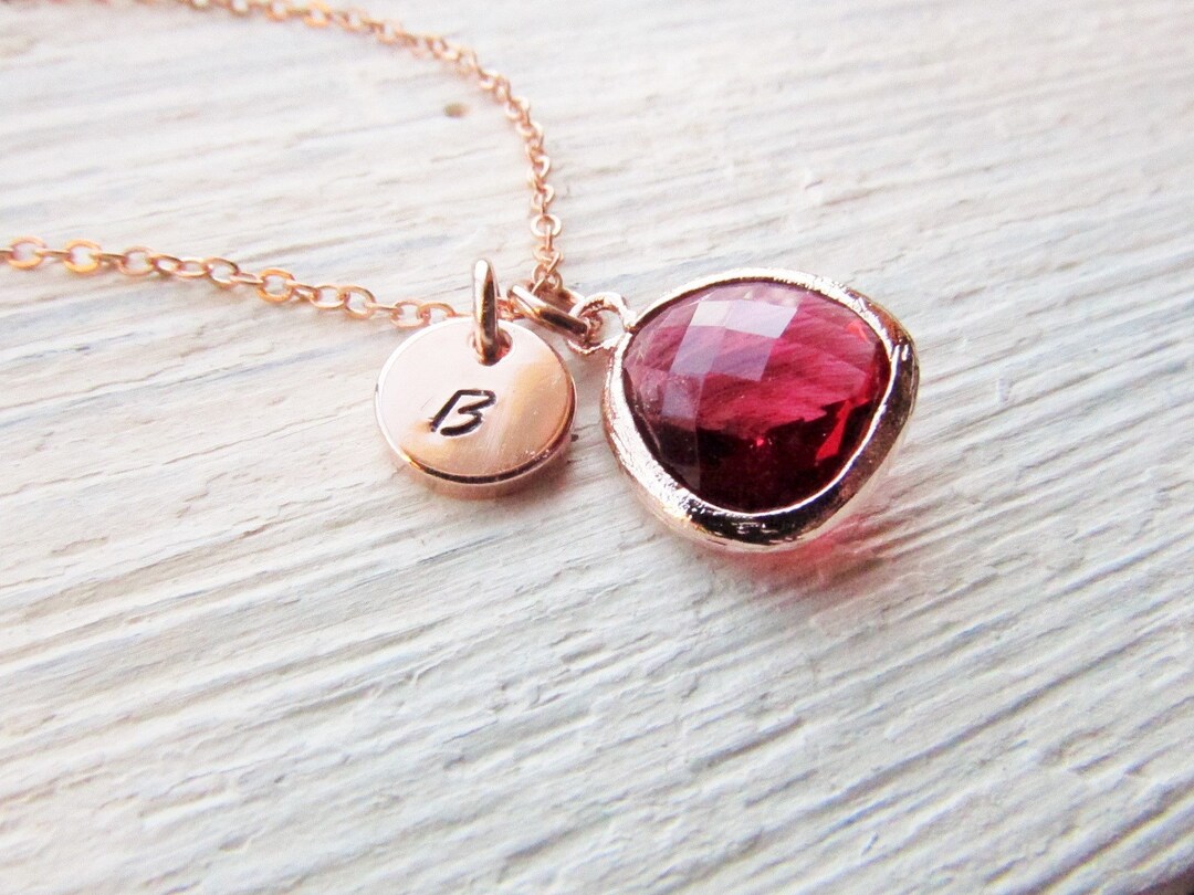 July Birthstone Gifts, Rose Gold Ruby Necklace With Disc Initial Charm ...