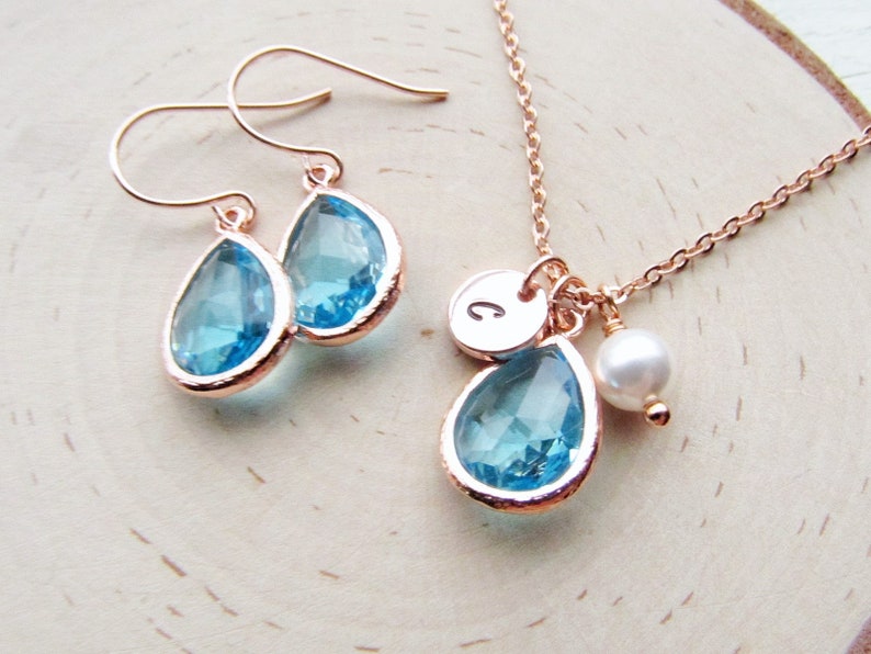 Rose Gold Aquamarine Necklace and Earrings, March Birthstone Jewelry ...
