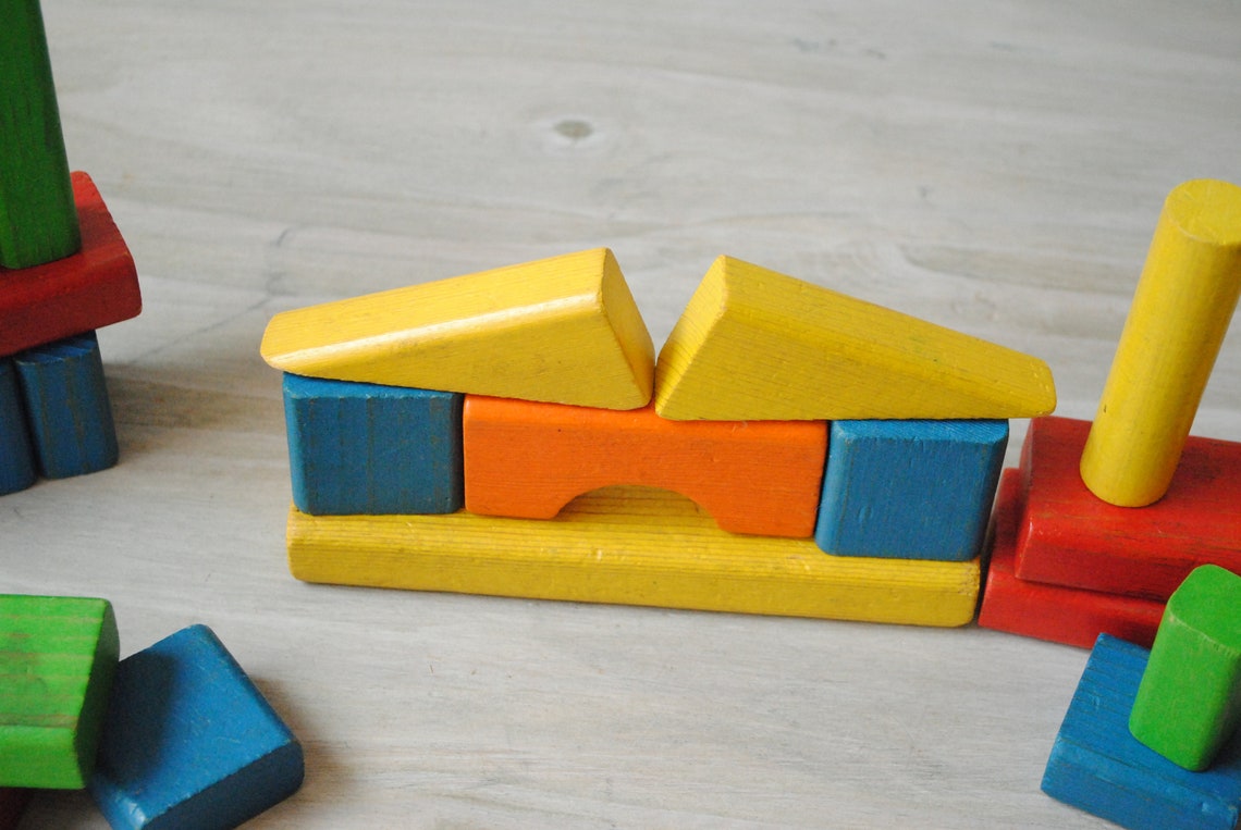 Vintage Kids Wood Block Set Playskool Wooden Block Set | Etsy