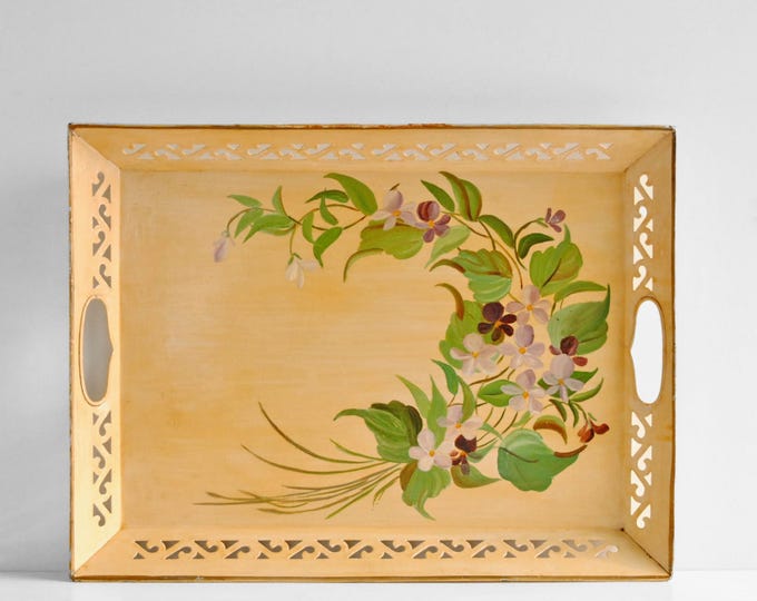 Vintage Tole Tray, Hand Painted Metal Tray With Purple Flowers - Etsy