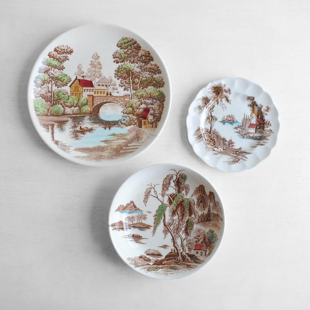 Vintage Woodland Cottage Plates, Brown Transferware Set of 3, Wall ...