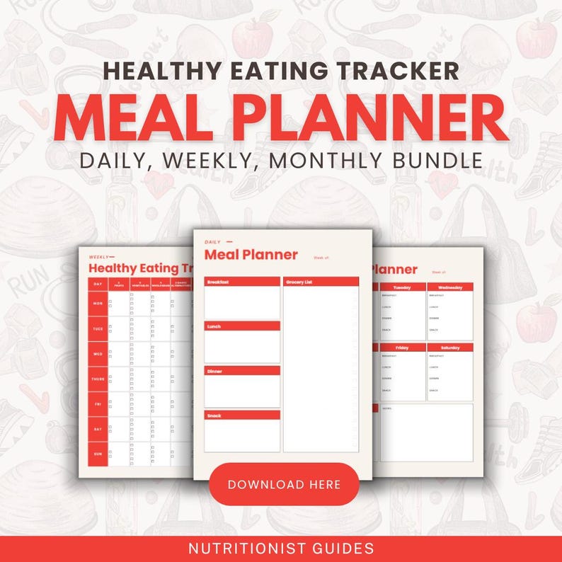 Healthy Eating Tracker With Daily Weekly and Monthly Meal Planner ...