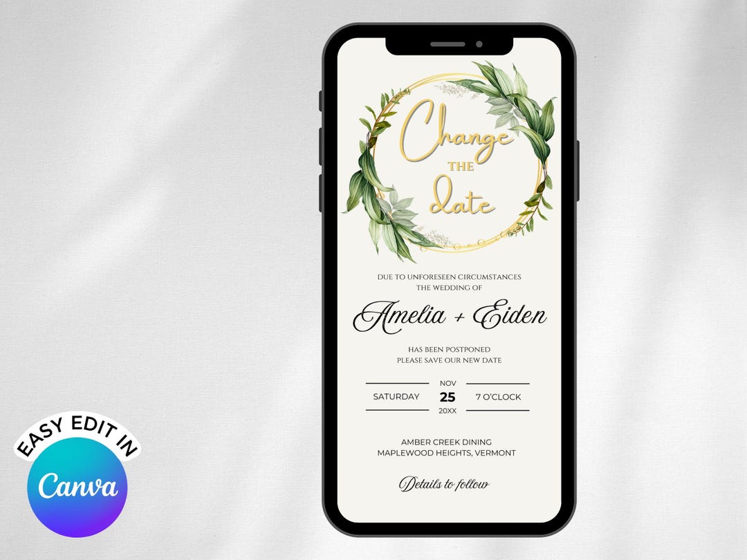 Boho Change the Date Template, Wedding Postpone Announcement, Editable ...