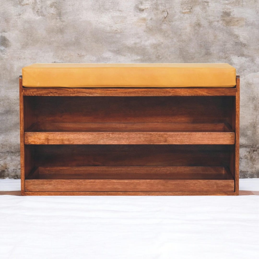 Honey Leather Vintage Shoe Storage Bench - Etsy