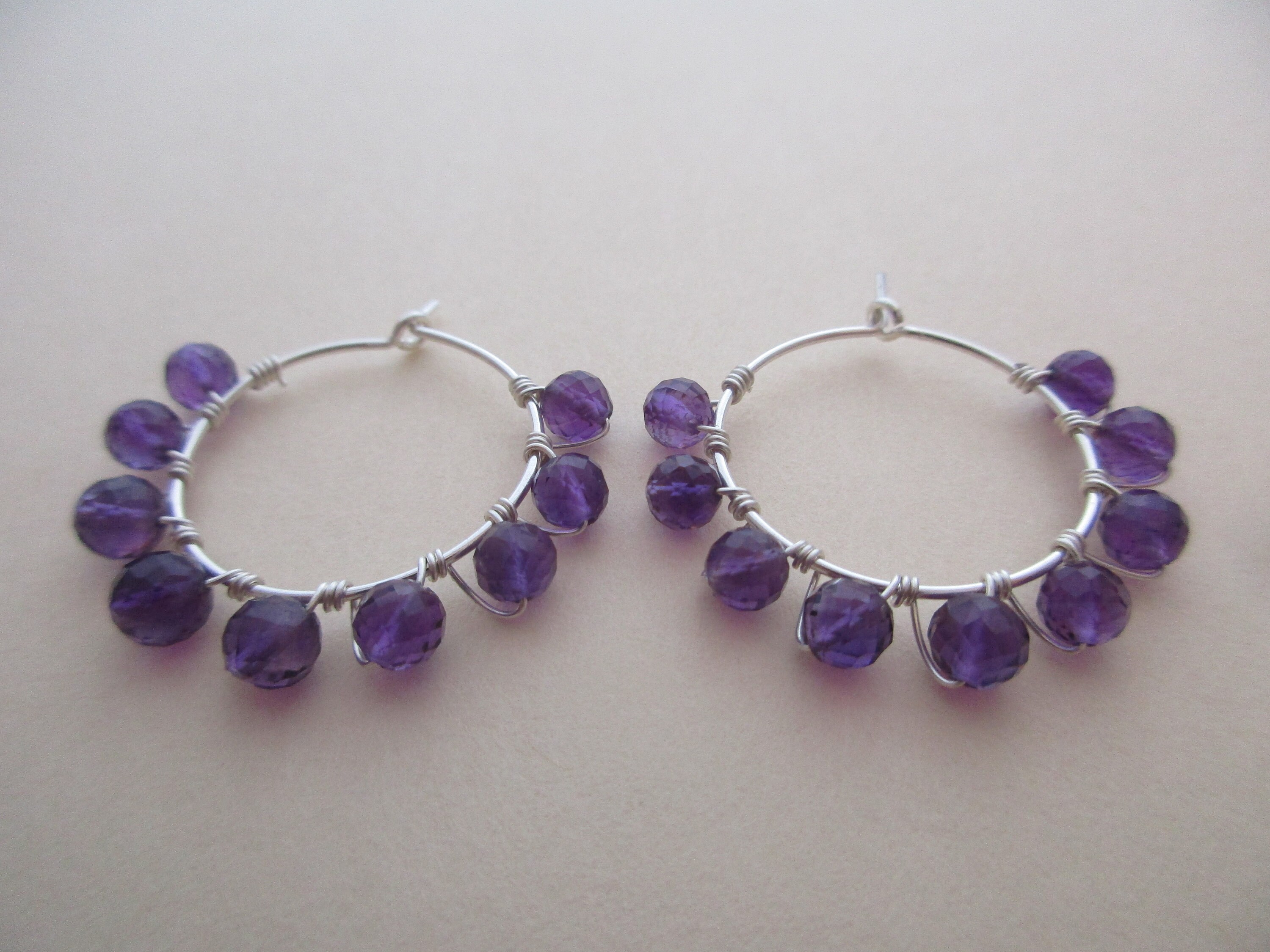 Purple Beaded Hoop Earrings Purple Gemstone Hoops Amethyst Silver